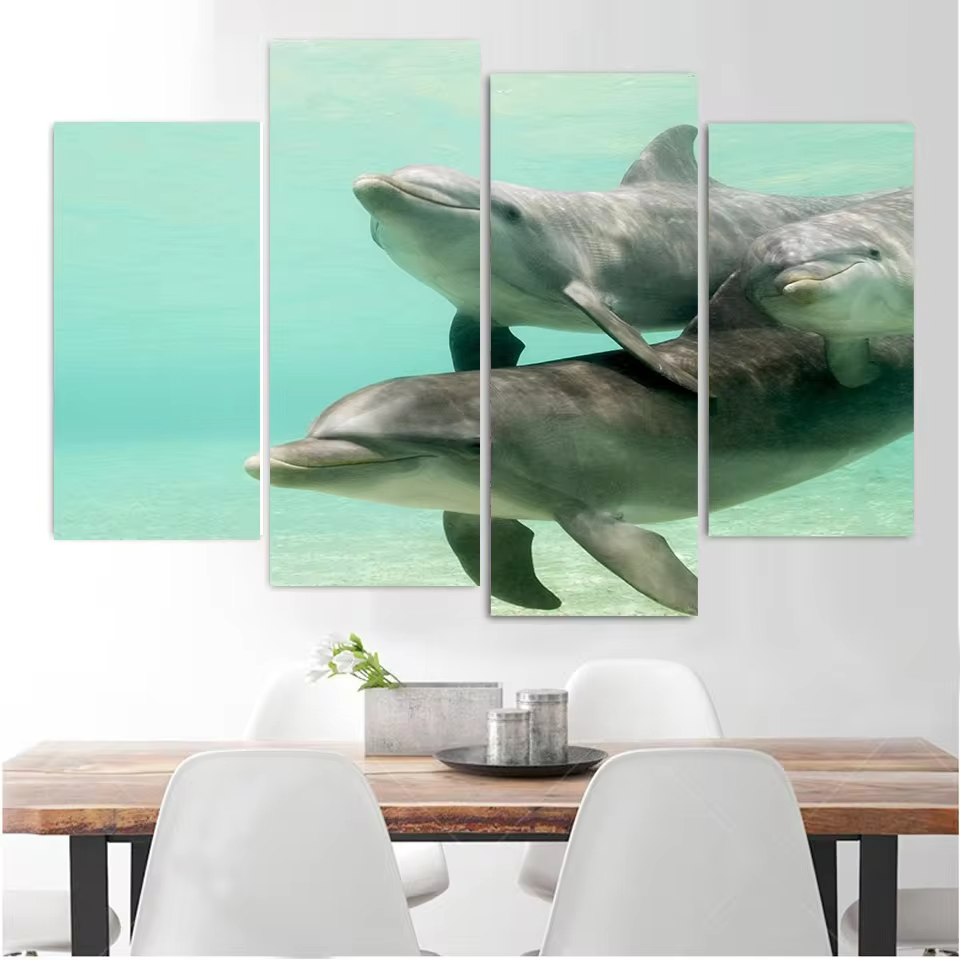 Dolphins Swim Underwater 4 Piece Canvas Wall Art Painting Wallpaper Po ...
