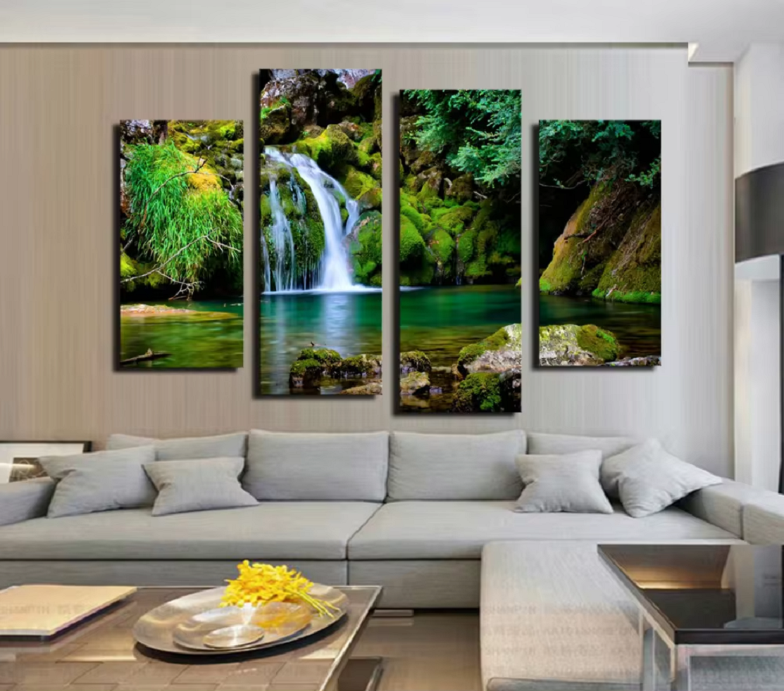Natural Green Lake Waterfall Forest 4 Piece Canvas Wall Art Painting W ...