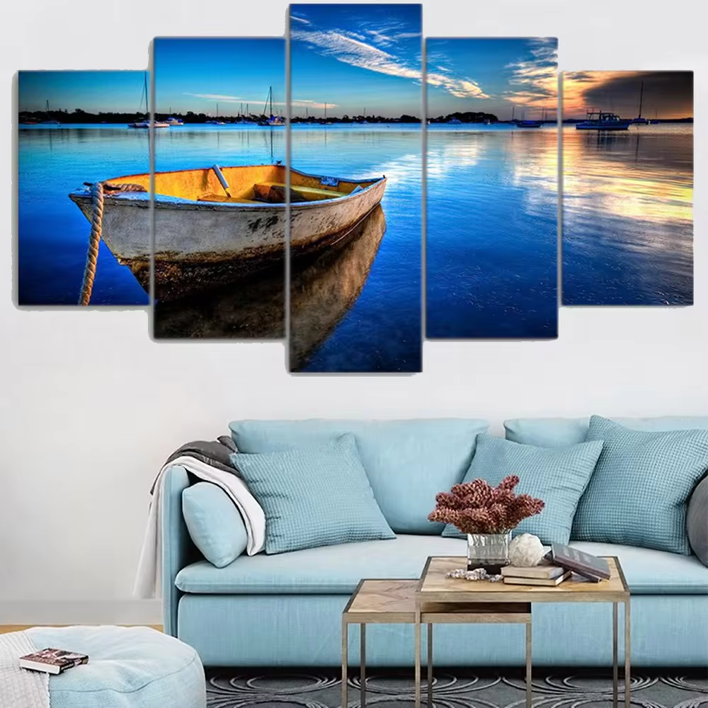 Ocean Seascape Boat Sky Reflection 5 Piece Canvas Wall Art Painting Wa ...