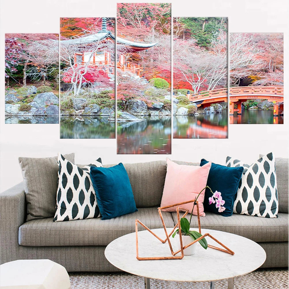 Japanese Pink Garden Trees Landscape 5 Piece Canvas Wall Art Painting ...