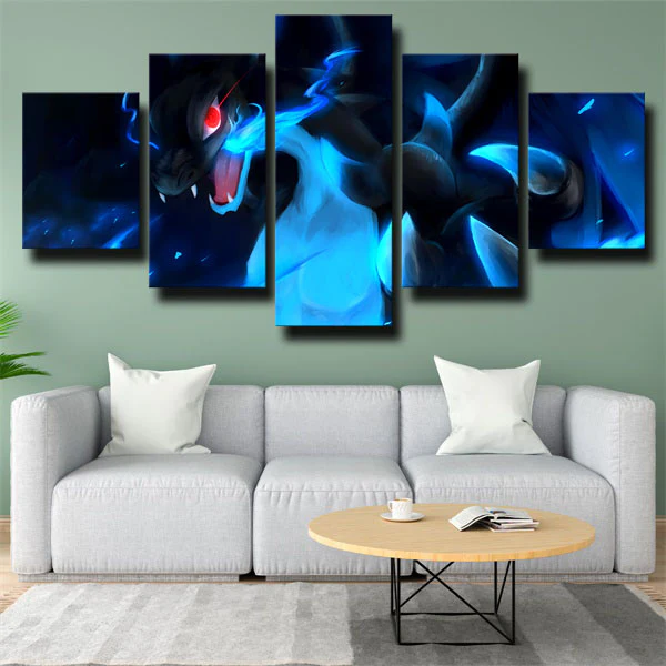 Anime Pokemon Charizard Blue Fire Type Fighting 5 Piece Canvas Wall Ar ...