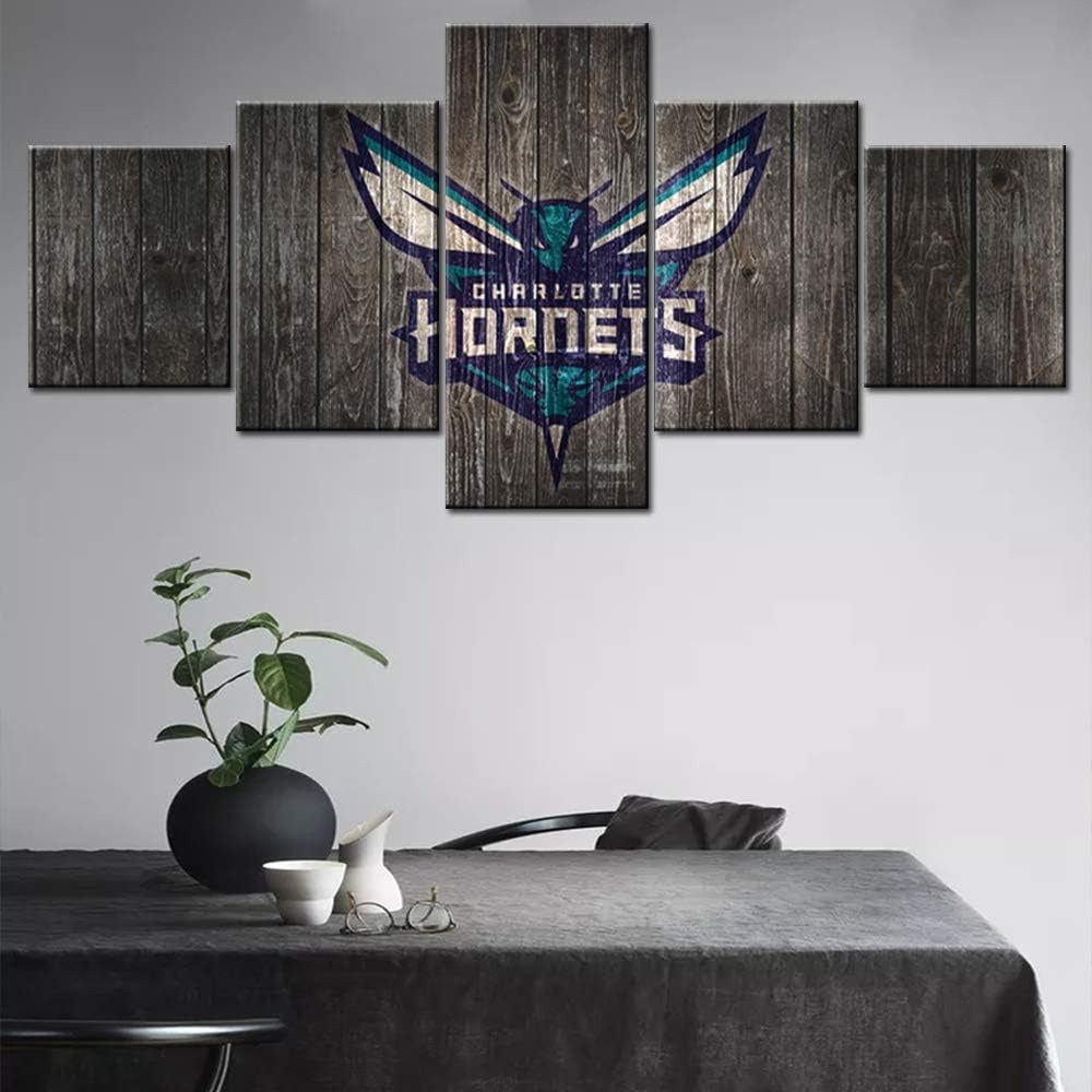 Charlotte Hornets Wooden Texture Logo NBA Basketball 5 Piece Canvas Wa ...