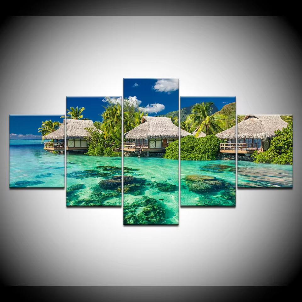 Fiji Islands Overwater Ocean Seaview Bungalows 5 Piece Canvas Wall Art ...