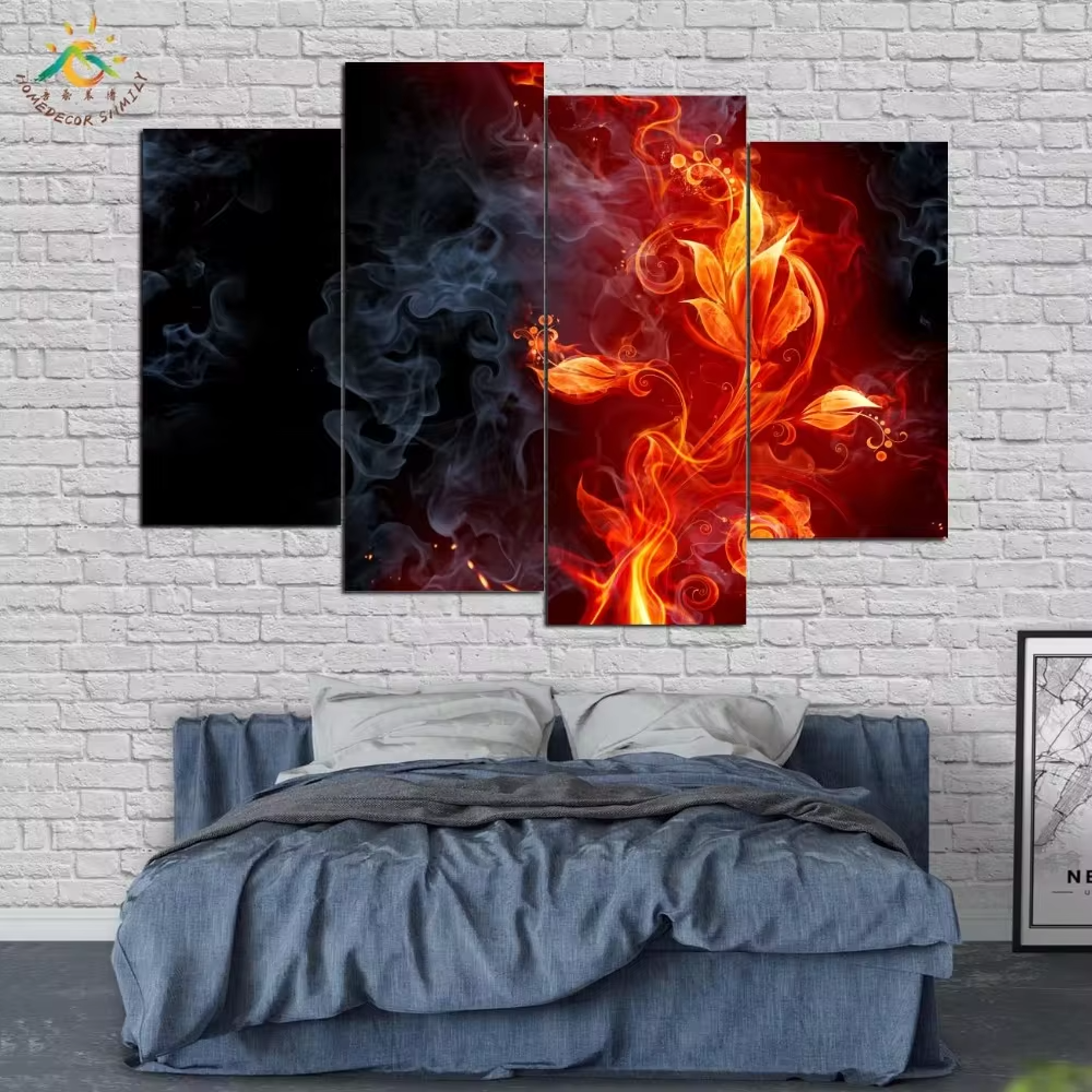 Smoky Red Flame Fire Flower Fiery 4 Piece Canvas Wall Art Painting Wal ...