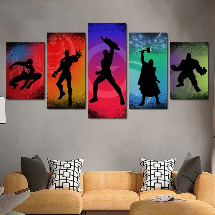 Marvel Avengers Silhouette Superhero Fans 5 Piece Canvas Wall Art Pain ...
