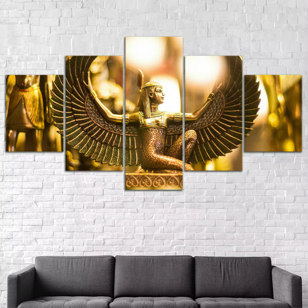 Golden Isis Goddess Egyptian Winged Statue 5 Piece Canvas Wall Art Pai ...