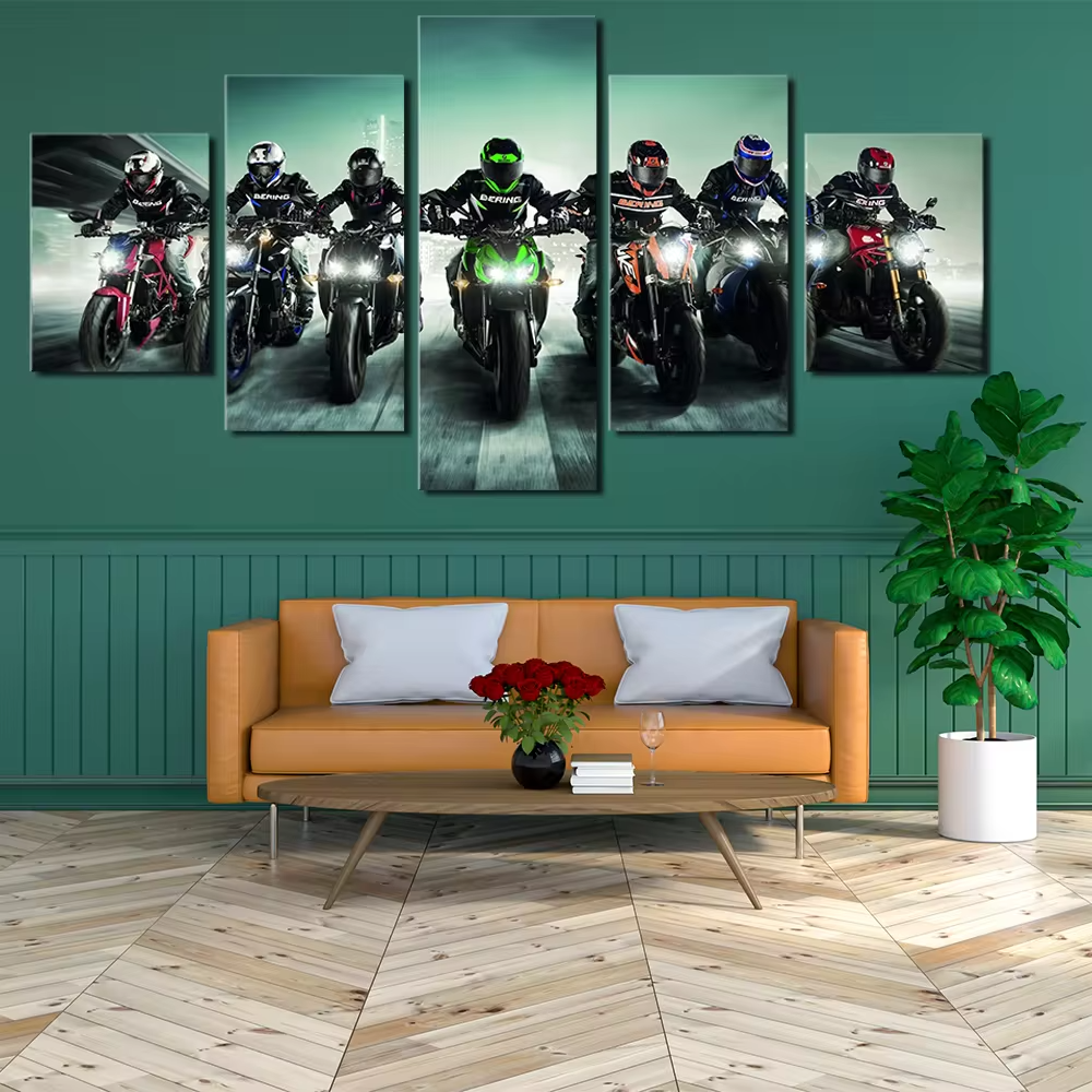 Motorcycle Racing Team Night Time Motorcyclists 5 Piece Canvas Wall Ar ...