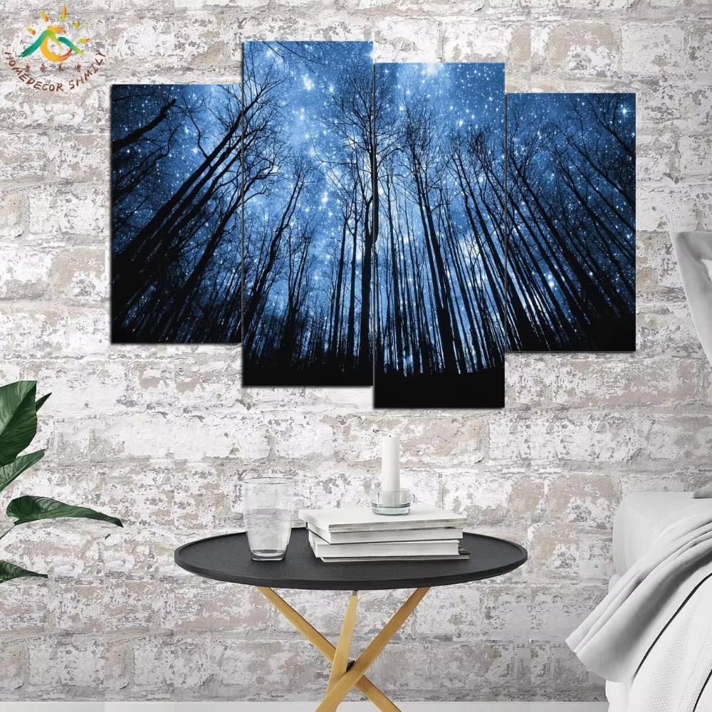 Beautiful Starry Sky Night Forest View 4 Piece Canvas Wall Art Paintin ...
