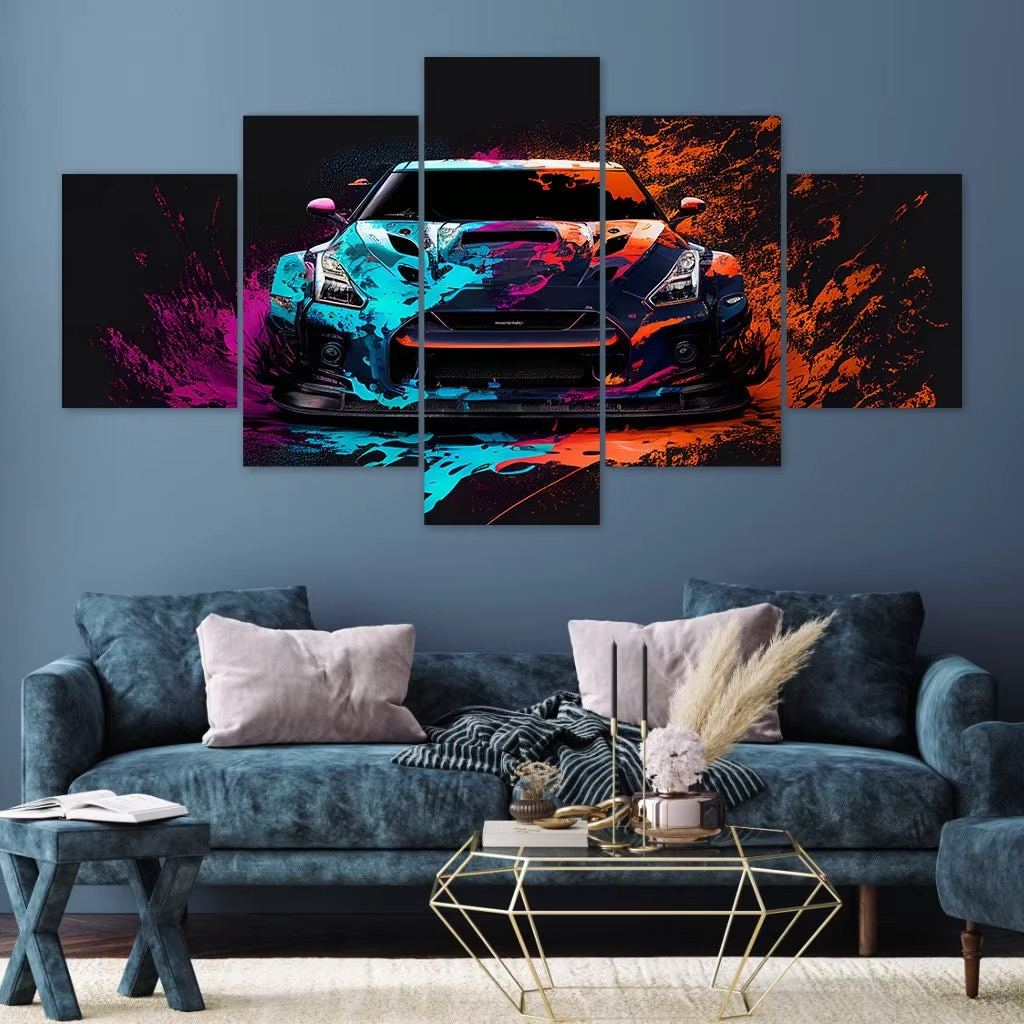 Abstract Colorful Nissan GTR Luxury Sports Car 5 Piece Canvas Wall Art ...