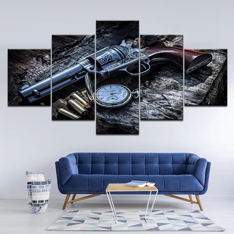 Weapons Gun Revolver Bullets Pocket Watch 5 Piece Canvas Wall Art Pain ...