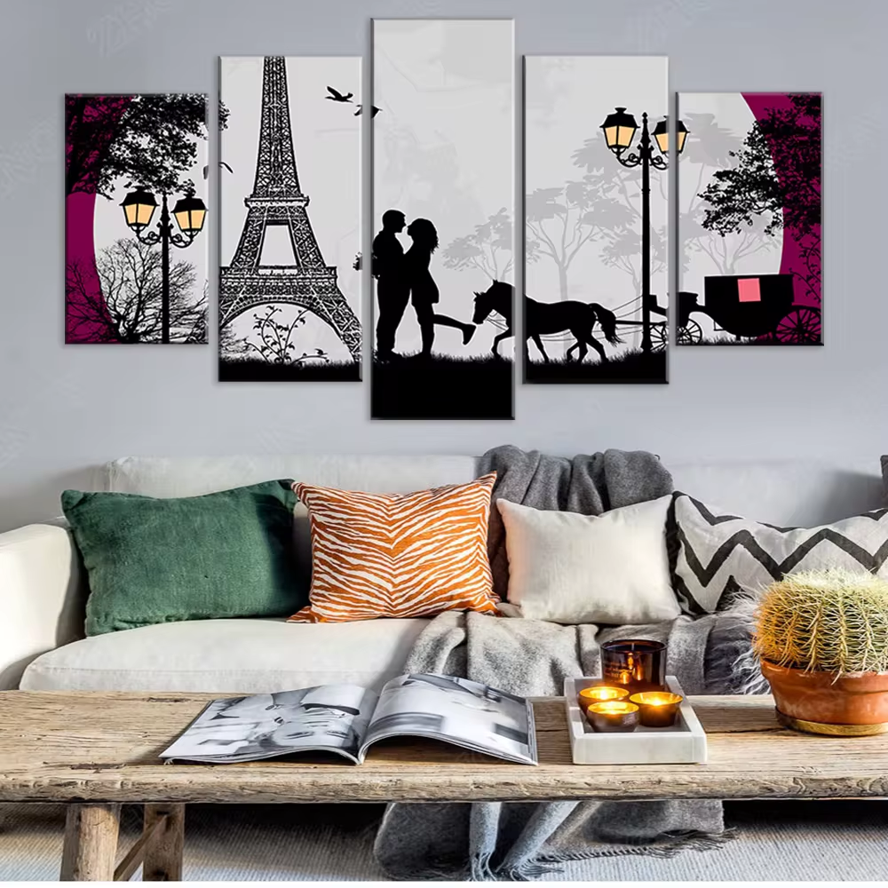 Paris France Eiffel Tower Moon Romantic Couple 5 Piece Canvas Wall Art ...