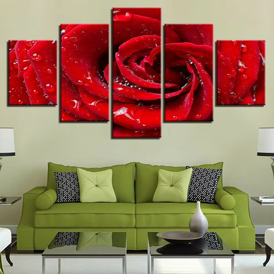 Red Rose Flower Bud With Water Dew Rain 5 Piece Canvas Wall Art Painti ...