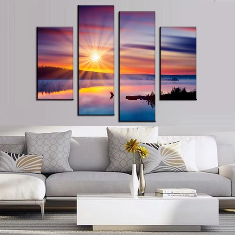 Beautiful Nature Sunrise Lake Sunset 4 Piece Canvas Wall Art Painting ...