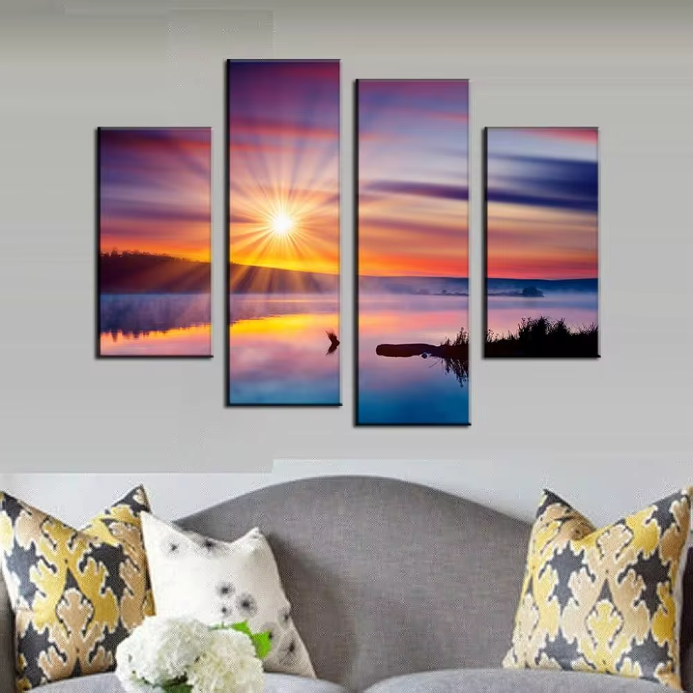 Beautiful Nature Sunrise Lake Sunset 4 Piece Canvas Wall Art Painting ...