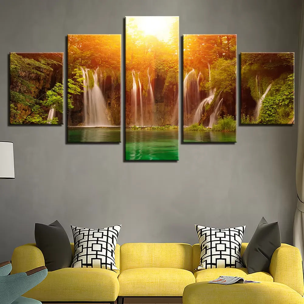 Sunset Sunrise Forest Waterfall Lake Natural 5 Piece Canvas Wall Art P ...