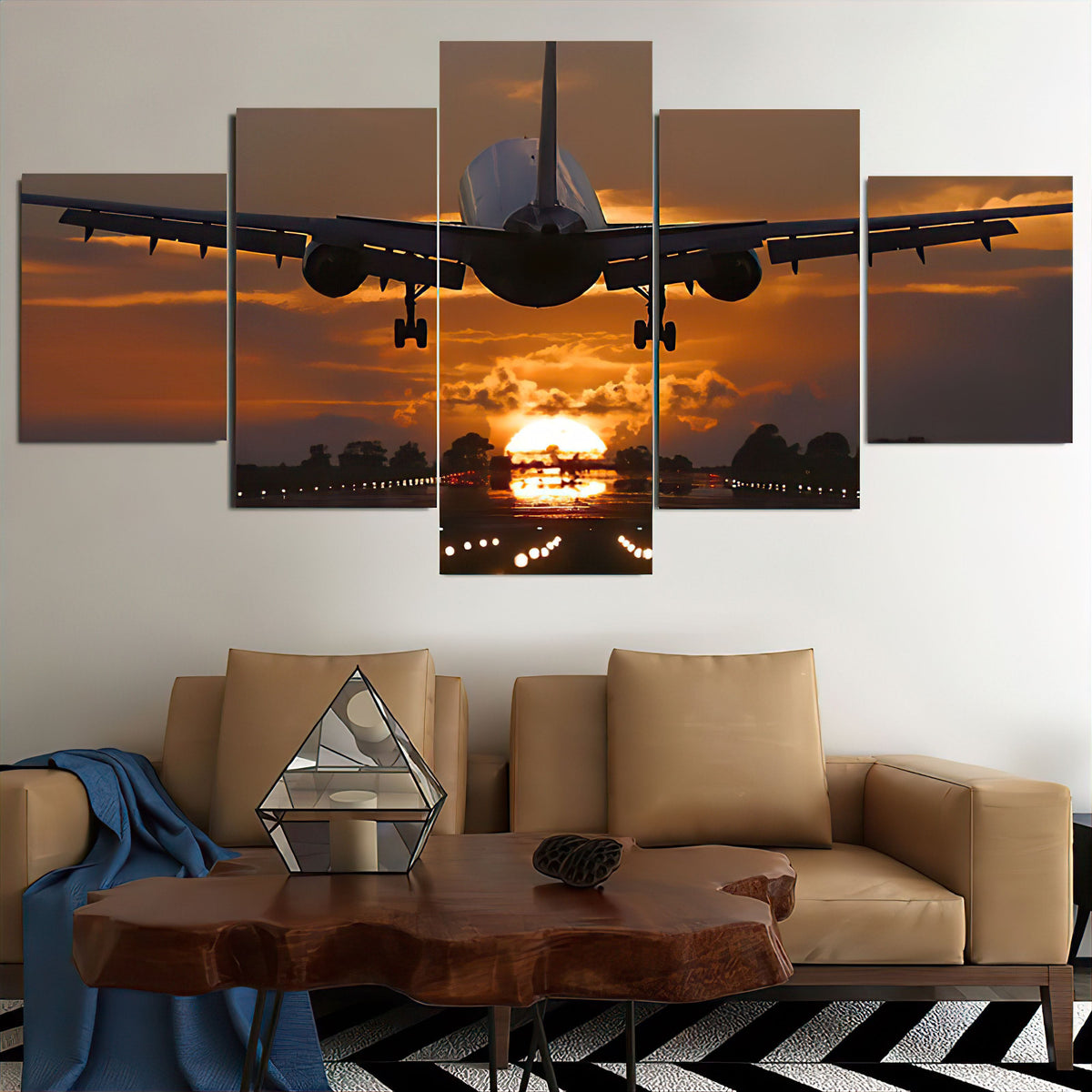 Boeing 767 Airplane Sunset Landing 5 Piece Canvas Wall Art Painting Wa ...