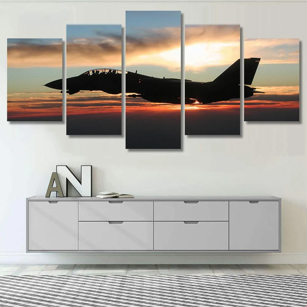 F 14 Tomcat Sunrise Silhouette Military Aircraft 5 Piece Canvas Wall A ...