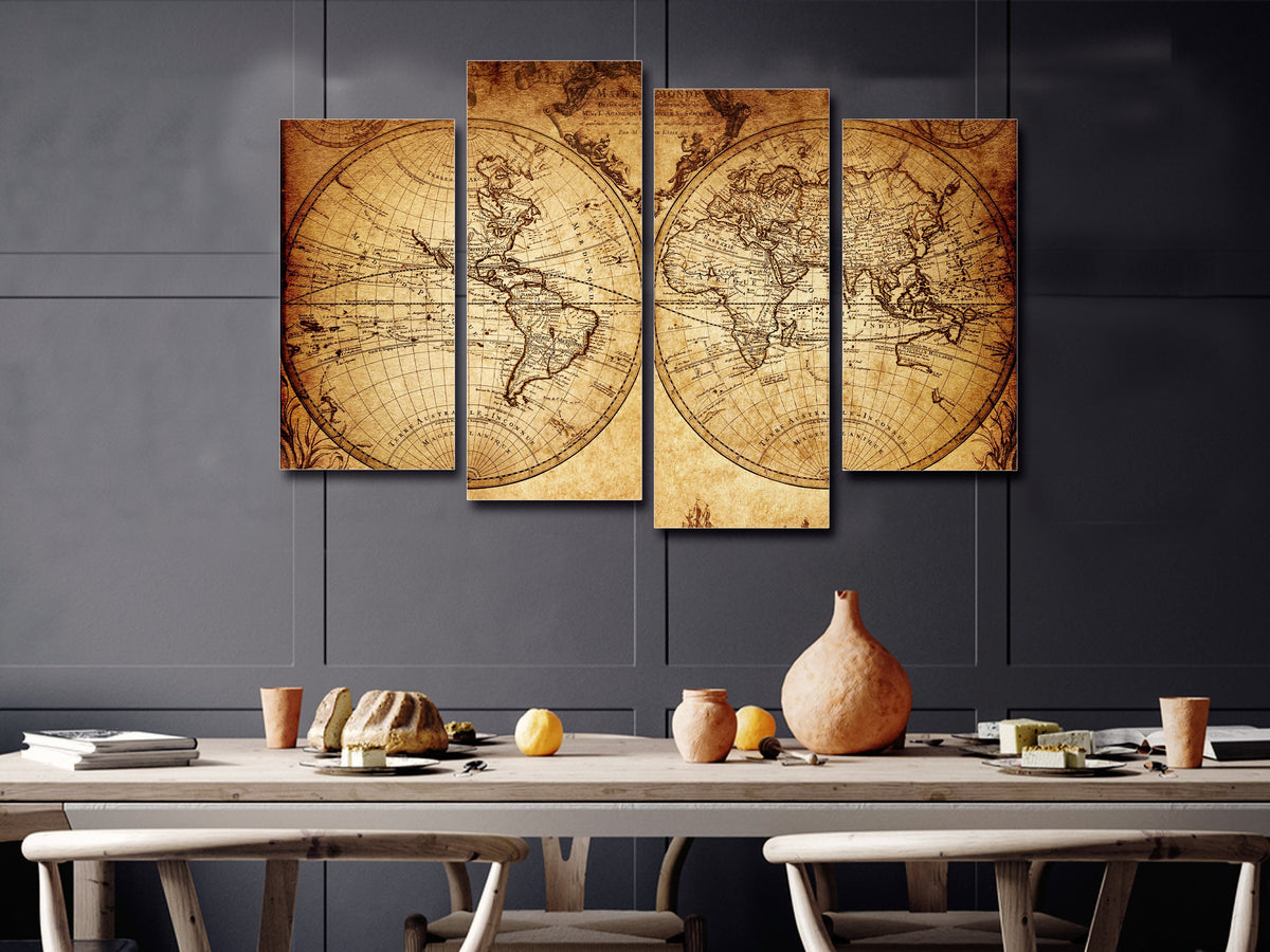 Mozaika Puzzle Vintage World Map Retro Map 4 Piece Canvas Wall Art Pai ...