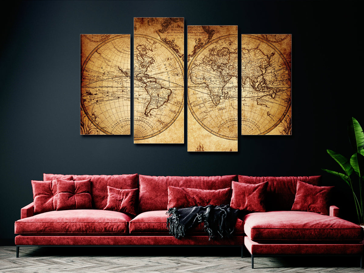 Mozaika Puzzle Vintage World Map Retro Map 4 Piece Canvas Wall Art Pai ...