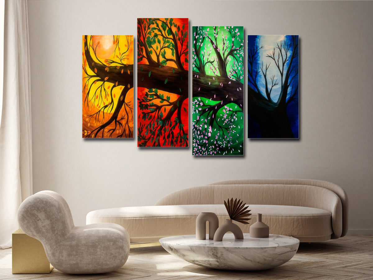 Colorful Four Seasons Trees 4 Piece Canvas Wall Art Painting Wallpaper ...