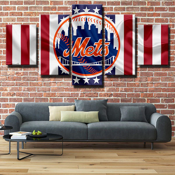 New York Mets MLB Baseball Team Logo American Flag 5 Piece Canvas Wall ...