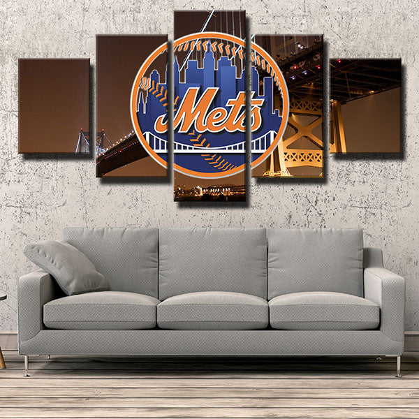 New York Mets MLB Baseball Team Logo Night View 5 Piece Canvas Wall Ar ...