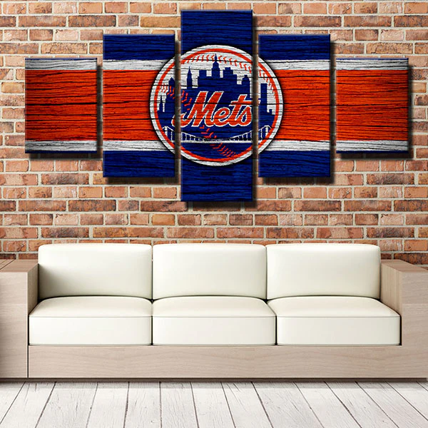 New York Mets MLB Baseball Team Wood Grain Logo 5 Piece Canvas Wall Ar ...