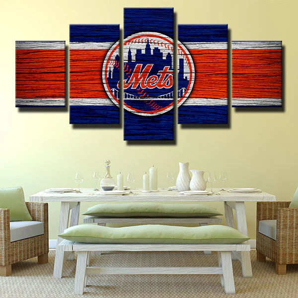 New York Mets MLB Baseball Team Wood Grain Logo 5 Piece Canvas Wall Ar ...