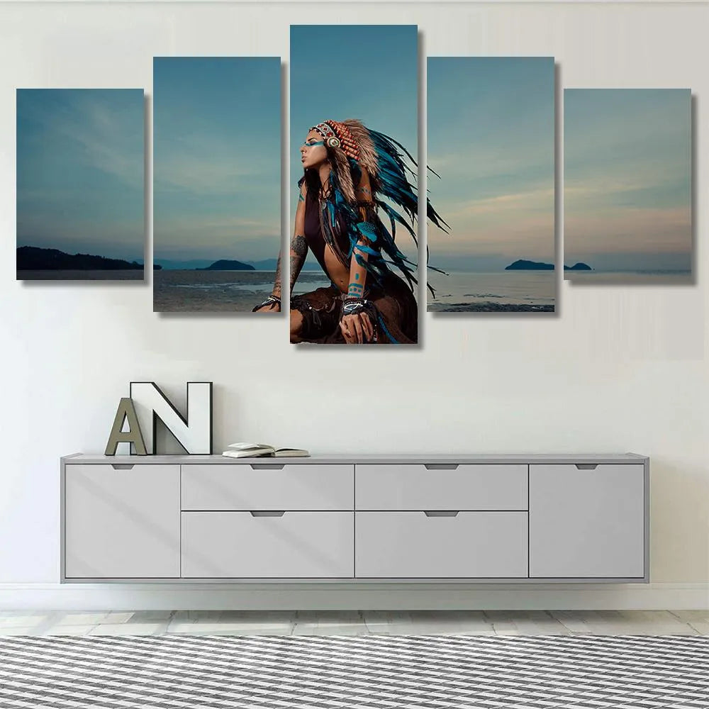Native American Inspired Woman At Sunset Sunrise 5 Piece Canvas Wall A ...