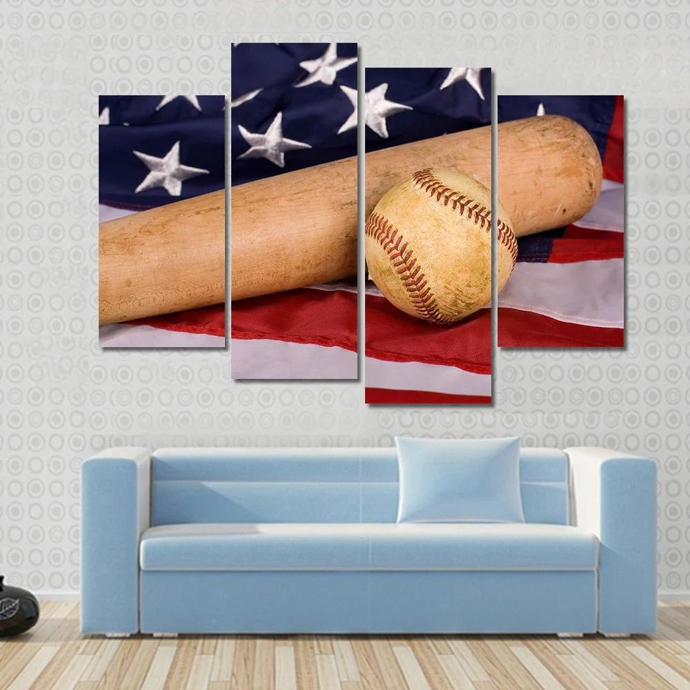 American Flag And Baseball With Bat Rustic Sports 4 Piece Canvas Wall ...