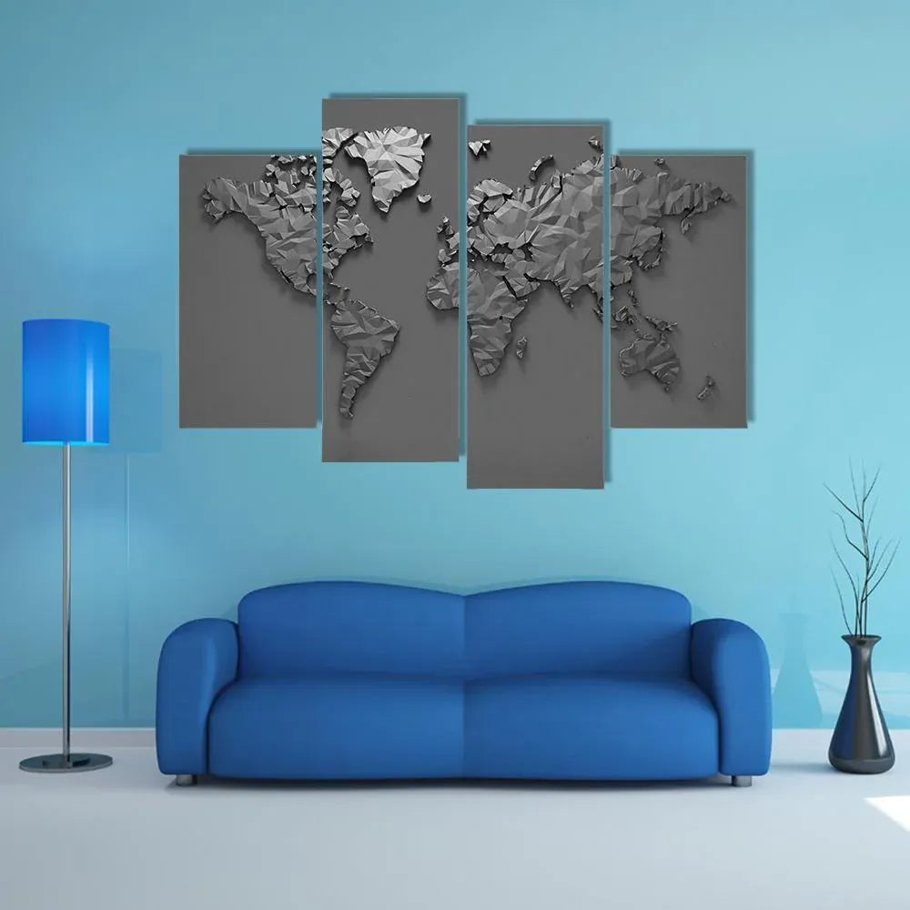 Minimalist Gray 3D Origami World Map 4 Piece Canvas Wall Art Painting ...