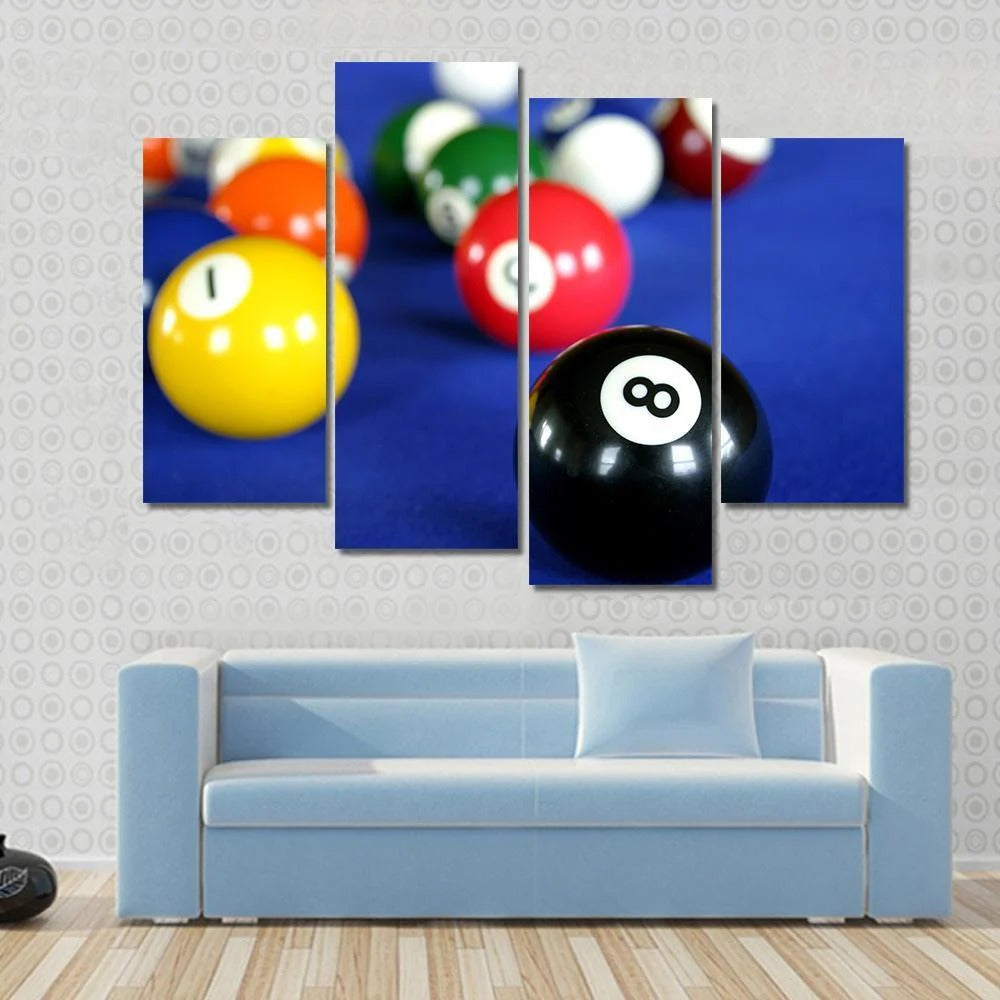 Billiard Game Enthusiast Pool Balls On Blue Table 4 Piece Canvas Wall ...