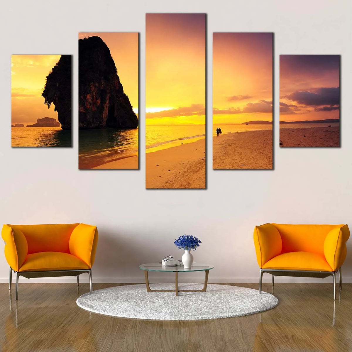 Golden Beach Sunset With Ocean Rocks Seascape 5 Piece Canvas Wall Art ...