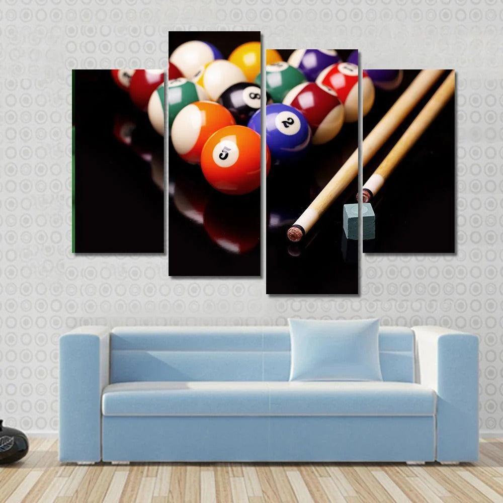 Pool Table Billiard Balls And Cue Sticks Game 4 Piece Canvas Wall Art ...