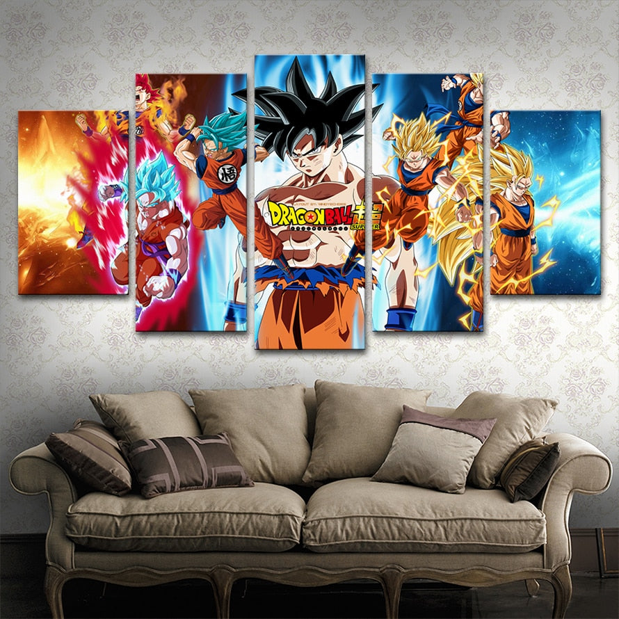 Anime Dragon Ball Z Goku Cartoon Framed 5 Piece Canvas Wall Art Painti ...