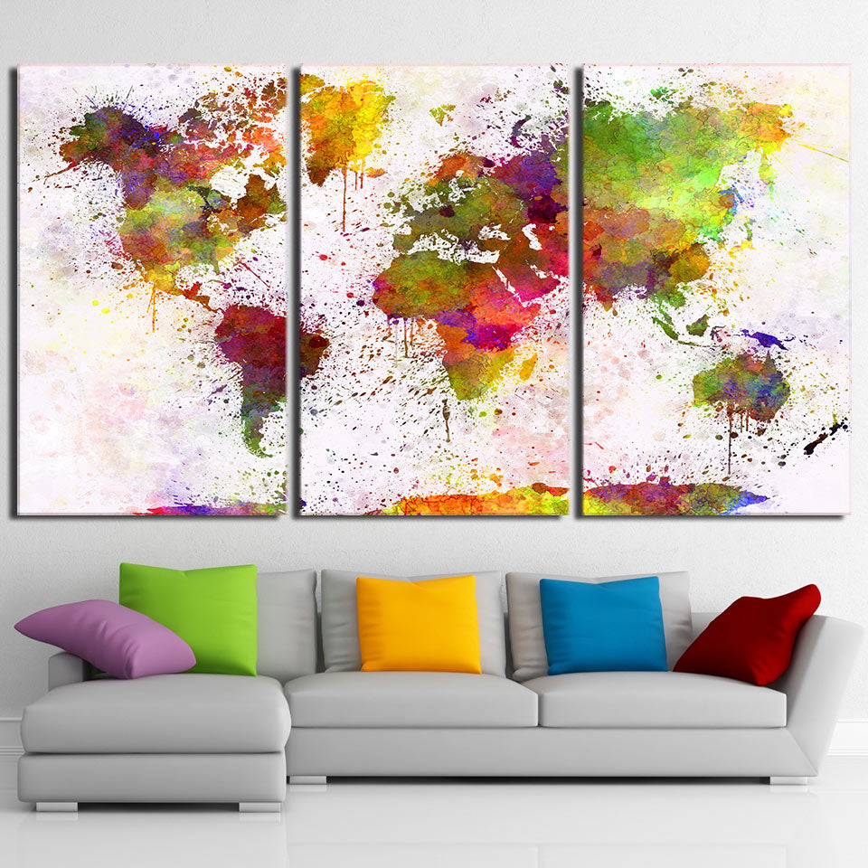 Colorful Abstract Art World Map Framed 3 Piece Canvas Wall Art Paintin ...