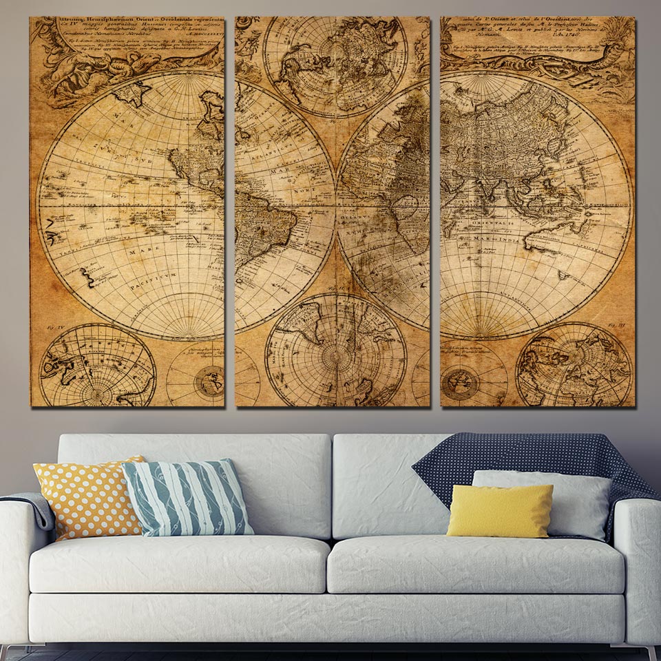 Ancient Old World Map Framed 3 Piece Canvas Wall Art Painting Wallpape ...