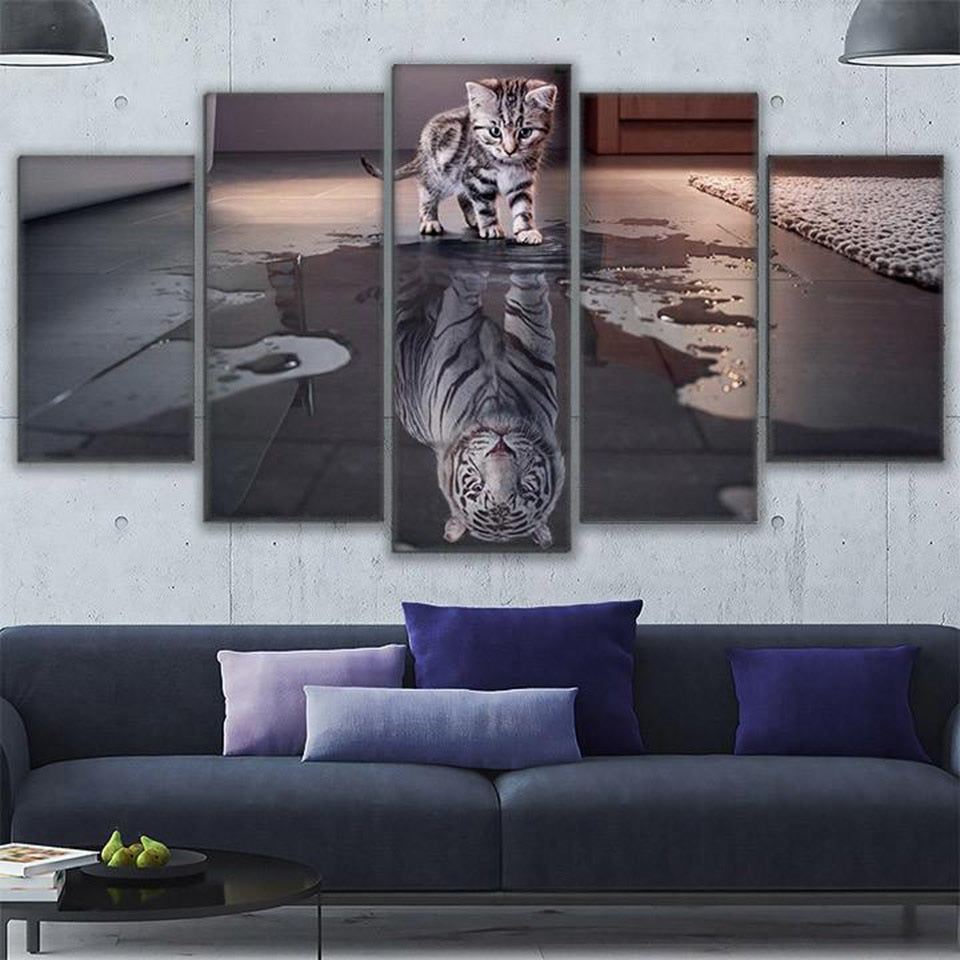 Kitten Cat Tiger Reflection On Water Framed 5 Piece Panel Canvas Wall ...