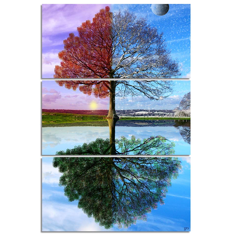 4 Seasons Nature Changing Tree Framed 3 Piece Canvas Wall Art Painting ...
