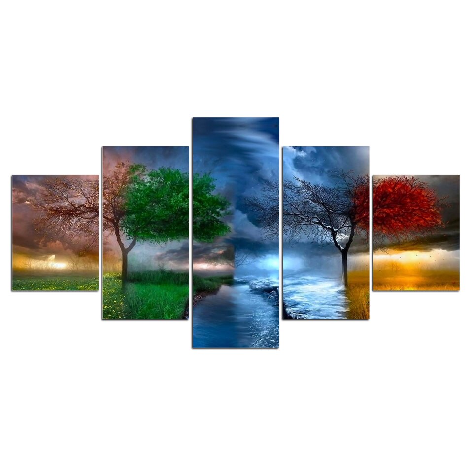 4 Seasons Changing Colors Tree & River Framed 5 Piece Canvas Wall Art ...