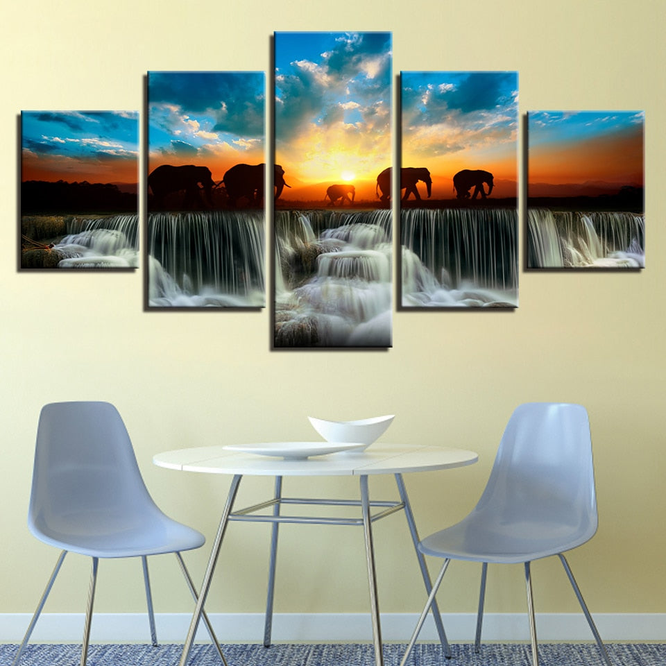 Elephant Animal Sunset Sunrise Waterfall & Sky Framed 5 Piece Canvas W ...