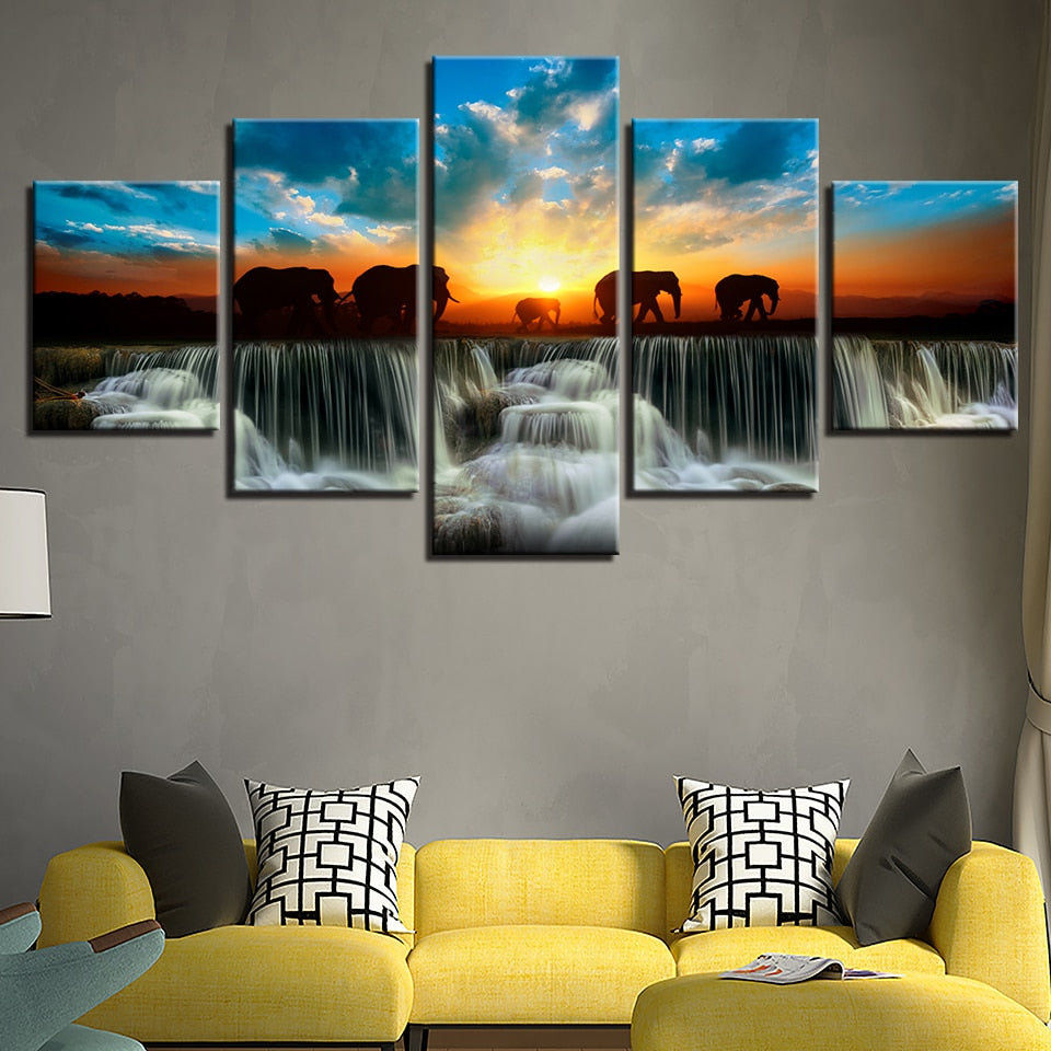 Elephant Animal Sunset Sunrise Waterfall & Sky Framed 5 Piece Canvas W ...