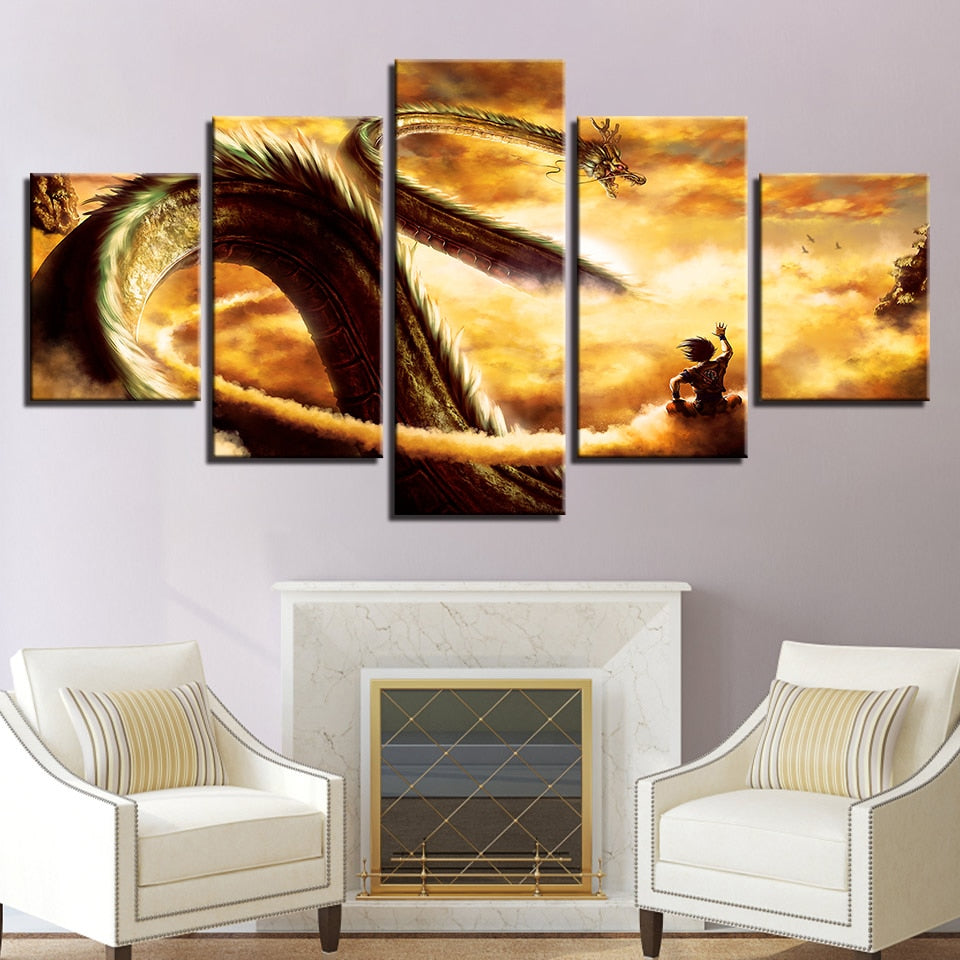 Dragon Ball Z Goku Riding Shenron Cartoon Framed 5 Piece Canvas Anime ...