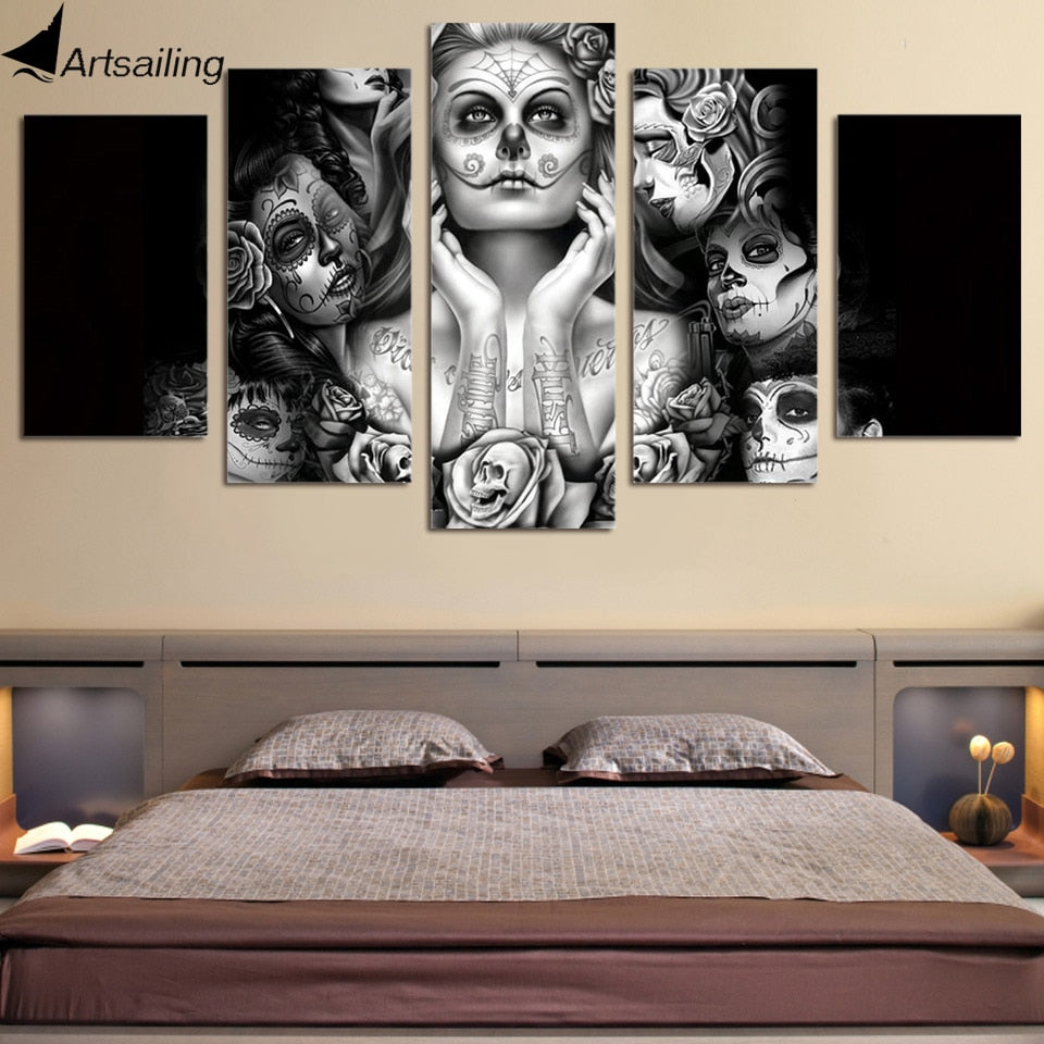 Day Of The Dead Woman Face Skeleton Skull Framed 5 Piece Canvas Wall A ...